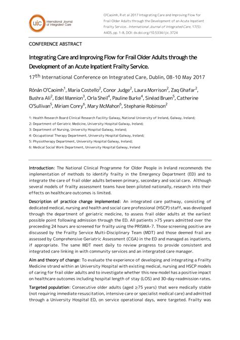 Pdf Integrating Care And Improving Flow For Frail Older Adults Through The Development Of An