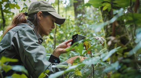 A Female Wildlife Biologist Setting A Camera Trap In The Forest