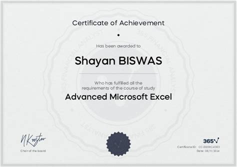 certificate of achievement advanced microsoft excel 365 financial
