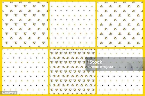 흰색 배경에 설정된 골드 삼각형 패턴입니다 원활한 반복 패턴을 추상화합니다 황금 빛기하의 기하학적 모양과 최소한의 디자인 벡터 그림입니다 개체 그룹에 대한 스톡 벡터 아트