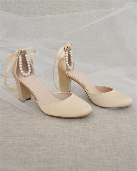 Champagne Satin Block Heel With All Pearls Ankle Strap Women Wedding