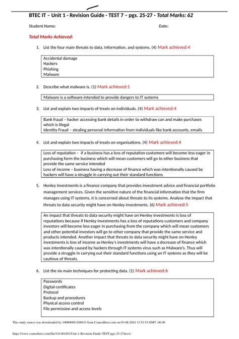 BTEC IT Unit Revision Guide TEST Questions With Complete Solution Latest BTEC IT