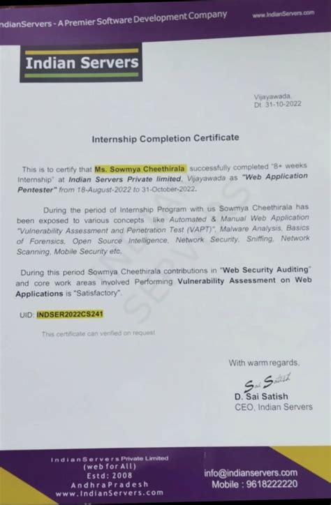 Sowmya Cheetirala On Linkedin Cybersecurity Internship Indianservers Certificate