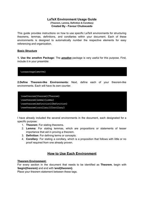 Latex Environment Usage Guide Theorem Lemma Definition And Corollarypdf