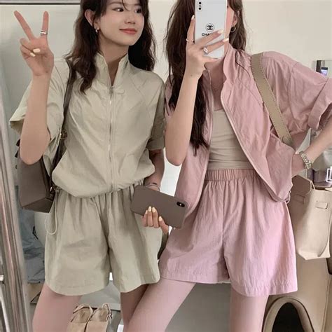 당일출고 반팔 스트링 바스락 크롭 바람막이 윈드브레이커 자켓 점퍼 밴딩 반바지 숏팬츠 투피스 트레이닝 추리닝 세트 휴가룩 4colorset9001