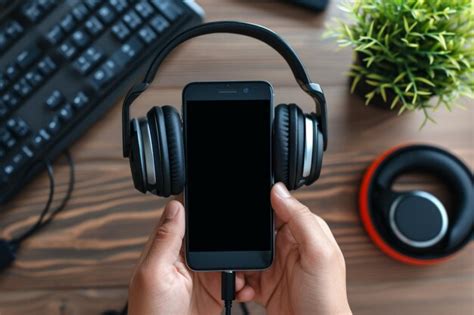 Premium Photo Content Creator Filming Podcast Using Smartphone Microphone And Headphones