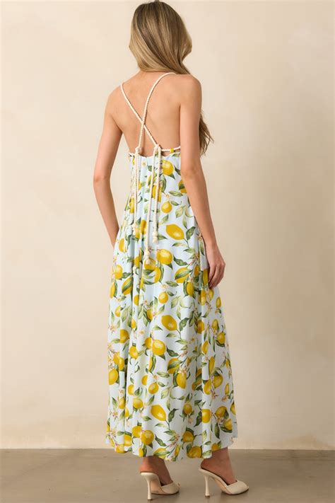 Light Blue Lemon Print Maxi Dress Vacation Ready Red Dress