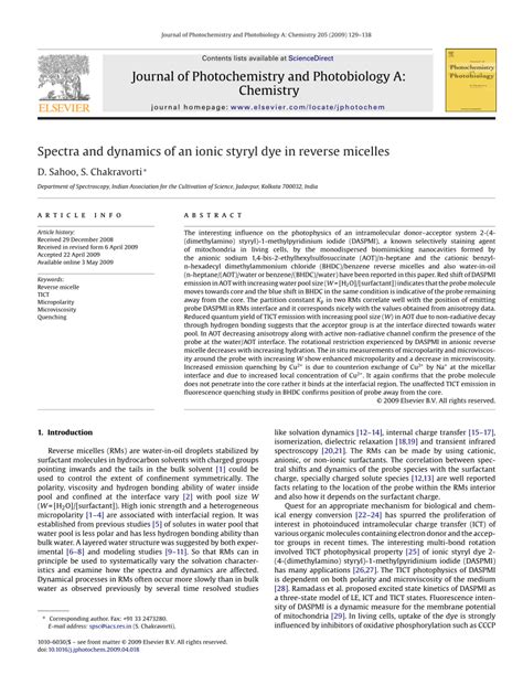 Pdf Spectra And Dynamics Of An Ionic Styryl Dye In Reverse Micelles