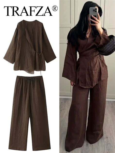 محلي طقم نسائي قميص كيمونو مع بنطلون نسائي طويل بخصر مطاطي واسع الساق