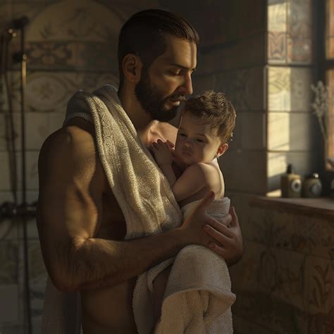 Dad Holds His Daughter In His Arms After The First Bath Premium Ai Generated Image