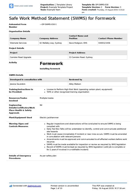 Free Safe Working Method Statement Template And Example