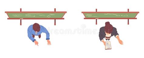 Young Male And Female Teacher Cartoon Characters Standing At Classroom Blackboard Overhead View