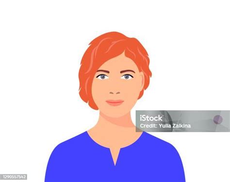 빨간 머리 여자의 초상화 여성 캐릭터 회색 눈을 가진 아름다운 젊은 여자 소셜 미디어 아바타 흰색 격리 된 배경에 플랫 벡터 그림입니다 20 29세에 대한 스톡 벡터 아트