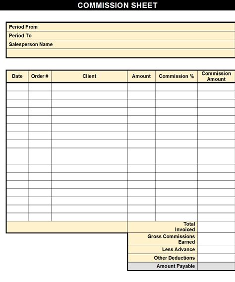 Free Commission Sheet Templates Excel Word Template Word Template
