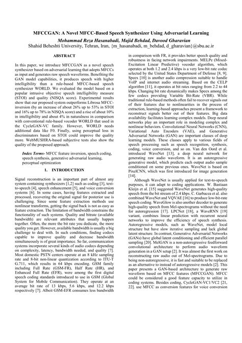 pdf mfccgan a novel mfcc based speech synthesizer using adversarial