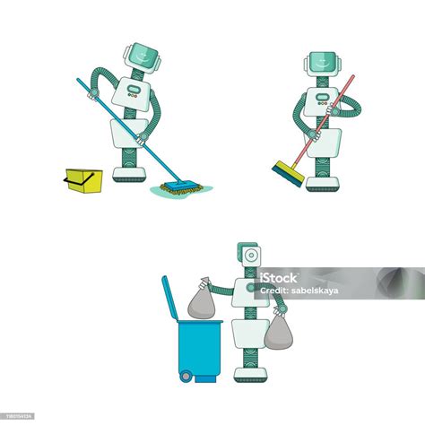 집안일을하는 로봇 안드로이드는 집을 청소하고 청소하고 바닥을 씻어 쓰레기를 꺼낸다 가사 집안일에 대한 스톡 벡터 아트 및 기타 이미지 가사 집안일 가정 생활 가정의