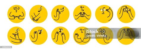 손과 눈을 가진 만화 이모티콘 둥근 아이콘 다양한 손가락 제스처 기호 및 기호 벡터 만화 추상 유행 평면 고립 된 얼굴 감정 세트 가리키기에 대한 스톡 벡터 아트 및 기타