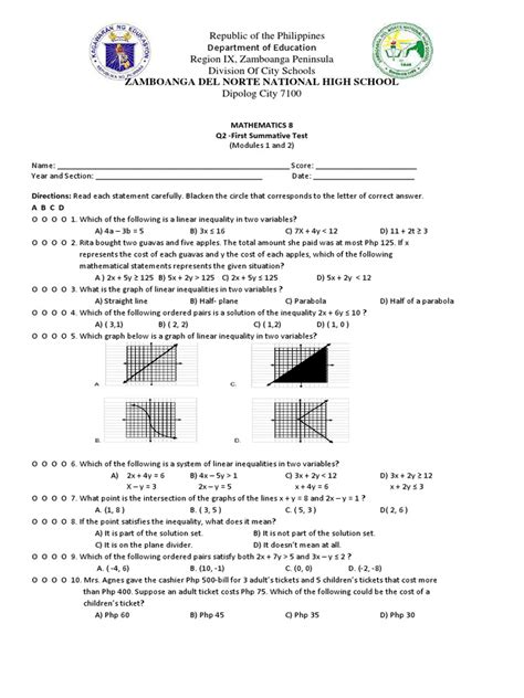 Mathematics 8 Q2 Summative Test And Performance Task On Linear
