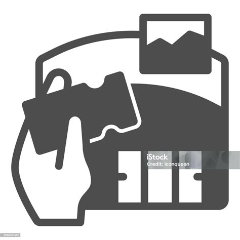 전시 센터와 티켓 단단한 아이콘 전시 개념이있는 손 벡터 그래픽입니다 건물 흰색 배경에 프리젠 테이션 격납고 기호 모바일 또는 웹 디자인을위한 글리프 스타일 아이콘 Po에