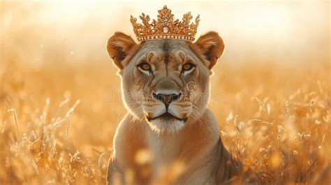 Uma Leoa Real Usando Uma Coroa Dourada Sentada Num Campo De Grama Alta