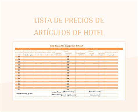 Plantilla De Excel Lista De Precios De Artículos De Hotel Y Hoja De
