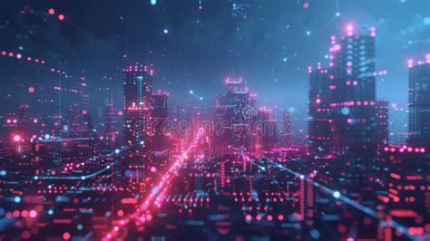 Cityscape Night Glowing Lines Representing Connections Data Flow Stock