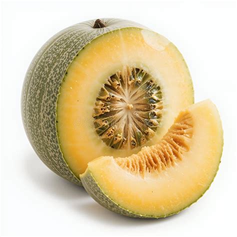Pale Yellow Melon With Green Rind Halved And Sliced On White Background