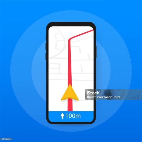 Vector Illustration Of Smartphone With Mobile Navigation App On Screen Route Map With Symbols
