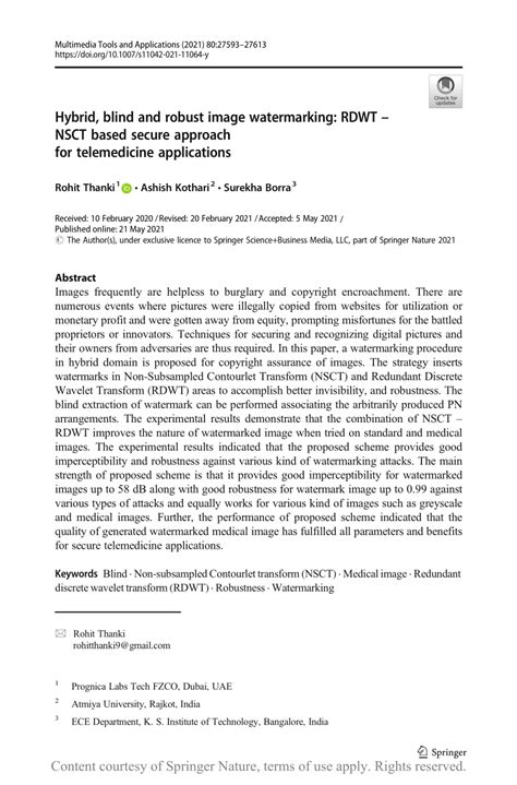 Hybrid Blind And Robust Image Watermarking Rdwt Nsct Based Secure Approach For Telemedicine