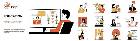 Education Concept With Character Situations Collection Bundle Of Scenes People Learning Online