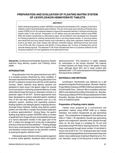 Pdf Preparation And Evaluation Of Floating Matrix System Of Levofloxacin Hemihydrate Tablets