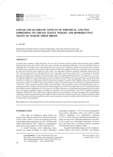 Pdf Linear And Quadratic Effects Of Individual And Ewe Inbreeding On Greasy Fleece Weight And