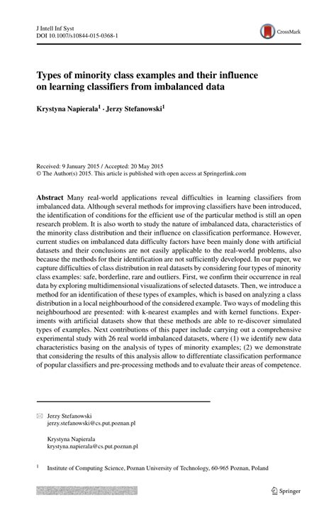 Pdf Types Of Minority Class Examples And Their Influence On Learning