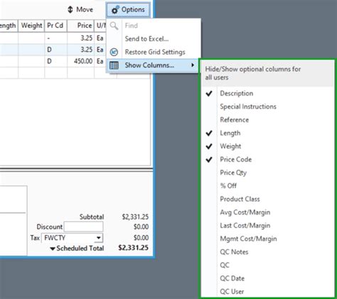 Customizing Columns Shown On The Sales Order Window