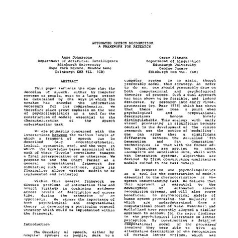 Automated Speech Recognition A Framework For Research Acl Anthology