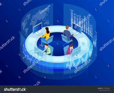 Isometric Business Data Analytics Process Management Or Intelligence Dashboard On Virtual Screen