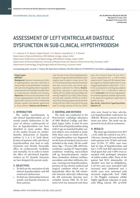 Pdf Assessment Of Left Ventricular Diastolic Dysfunction In Sub