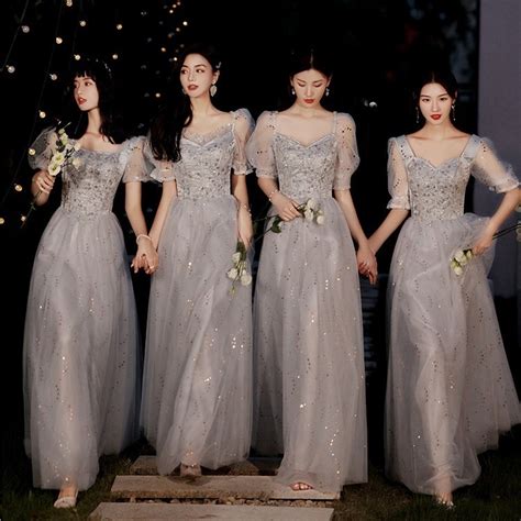 Elegant Gray Starry Bridesmaid Dress Fairy Temperament Wedding Sister