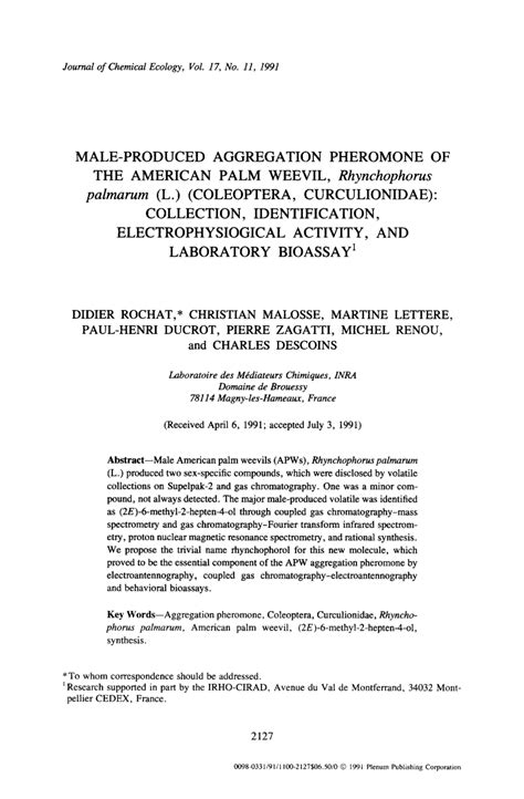 Pdf Male Produced Aggregation Pheromone Of The American Palm Weevil