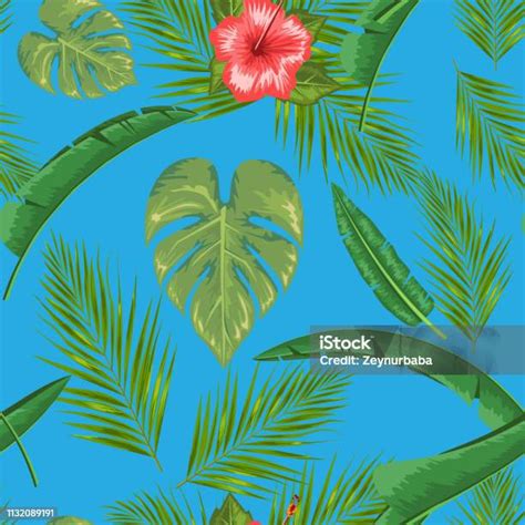 이국적인 추상적인 벡터 정글 또는 열 대 잎과 꽃 완벽 한 패턴입니다 벡터 일러스트입니다 녹색 잎과 파란색 배경입니다 고체에 대한 스톡 벡터 아트 및 기타 이미지 Istock