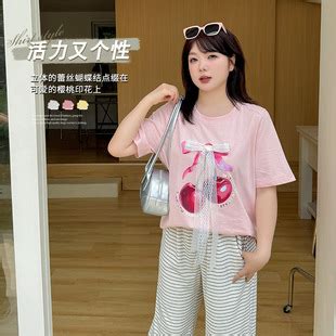 双天大码女装胖妹妹t恤2025夏季新款蝴蝶结樱桃印花短袖t恤 8938 阿里巴巴