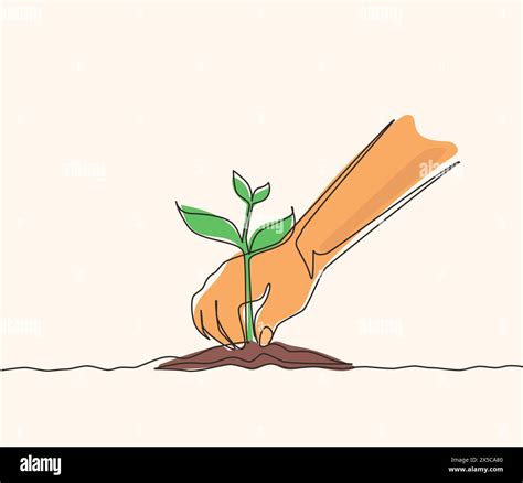 Single Continuous Line Drawing Young Woman Planting A Tree In The Garden Ecology Concept The