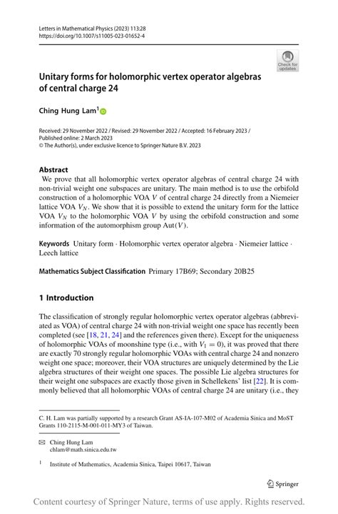 Unitary Forms For Holomorphic Vertex Operator Algebras Of Central Charge 24 Request Pdf