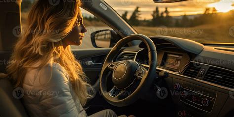 Photo Of Positive Cheerful Girl Enjoying Car Driving Generative Ai