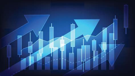 Finance And Business Uptrend Arrow With Bar Graph And Candlesticks Chart On Blue Background