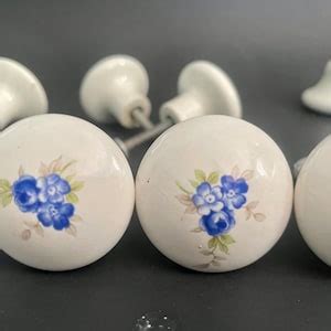 Vintage Ceramic Drawer Knobs Blue Floral And Off White Porcelain