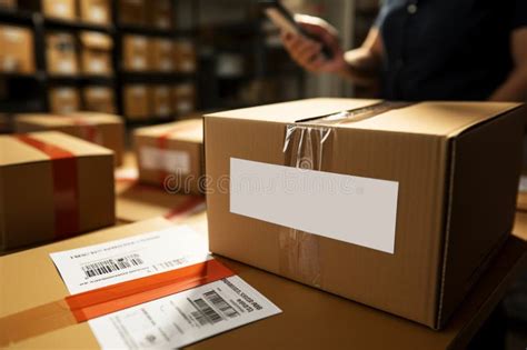 Close Up Courier In Office Attaching Address Label Onto Package Professionally Stock