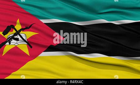 National Flag Of Mozambique Green Black And Yellow Horizontal Stripes Star Book And Weapon
