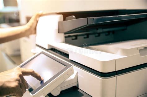 Photocopier Printer Close Up Hand Office Man Press Copy Button On