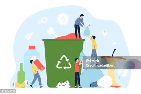 쓰레기 재활용 개념 폐기물 세계 오염과 청소 은유 젊은 자원 봉사자 청소 환경 재활용 회사 최근 벡터 장면 유기농에 대한 스톡 벡터 아트 및 기타 이미지 Istock